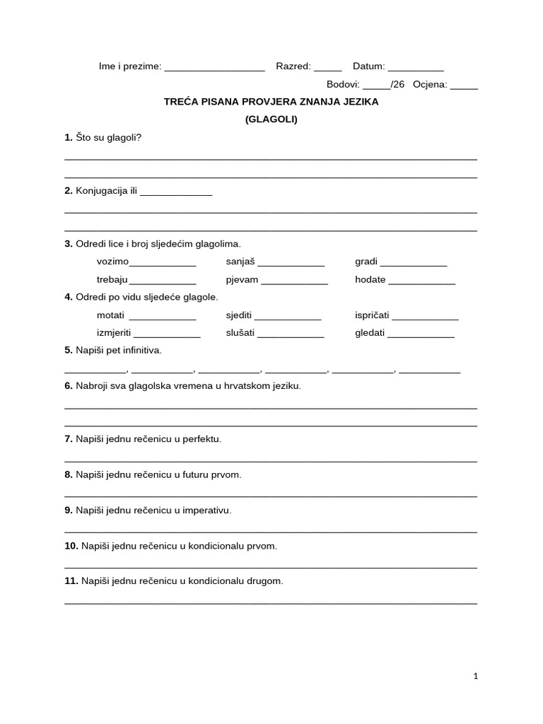 Pisana Provjera Znanja Jezika (Glagoli) (2. Razred) | PDF
