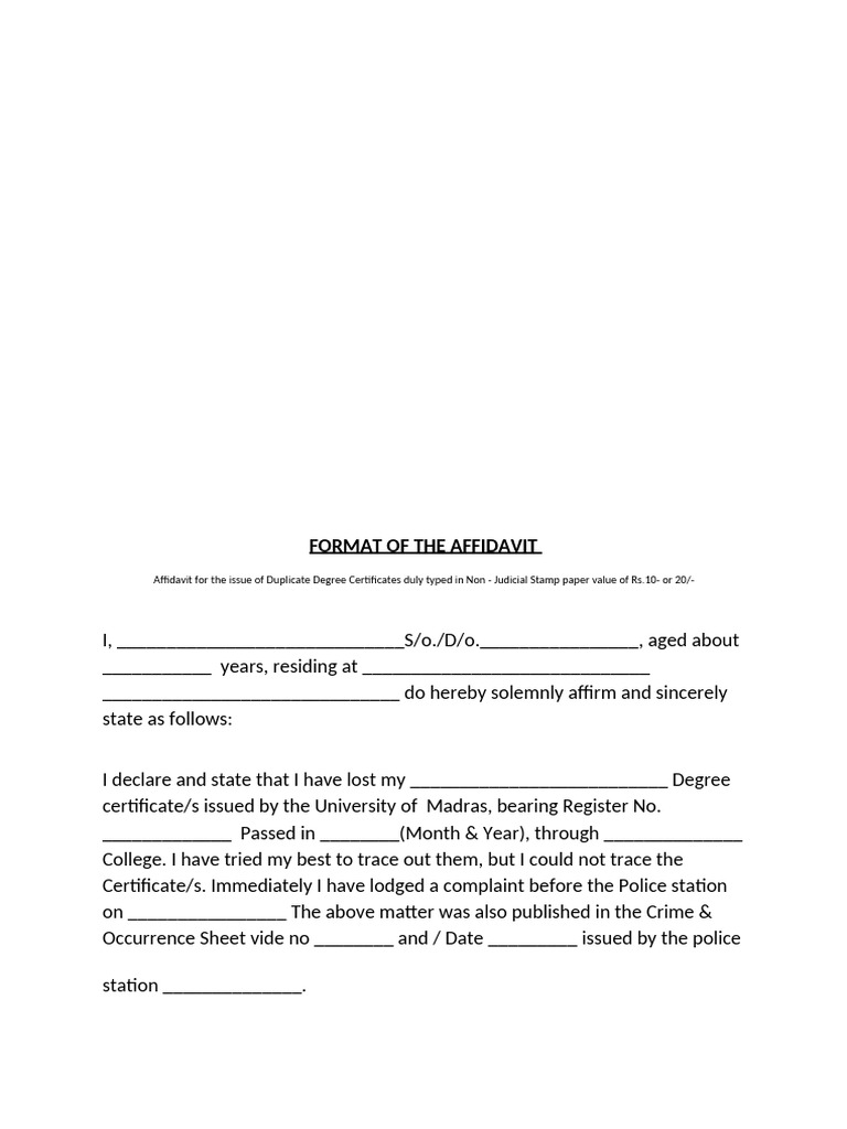 Affidavit for Duplicate Degree Certificate | PDF