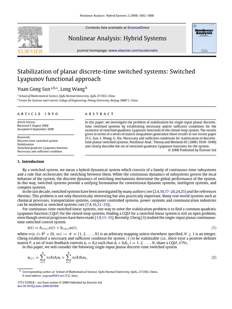 Y Gong Sun 2008 Stabilization of Planar Discrete-Time Switched Systems - Switched Lyapunov ...