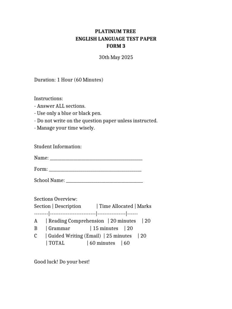 Form3 English Test Paper PlatinumTree | PDF