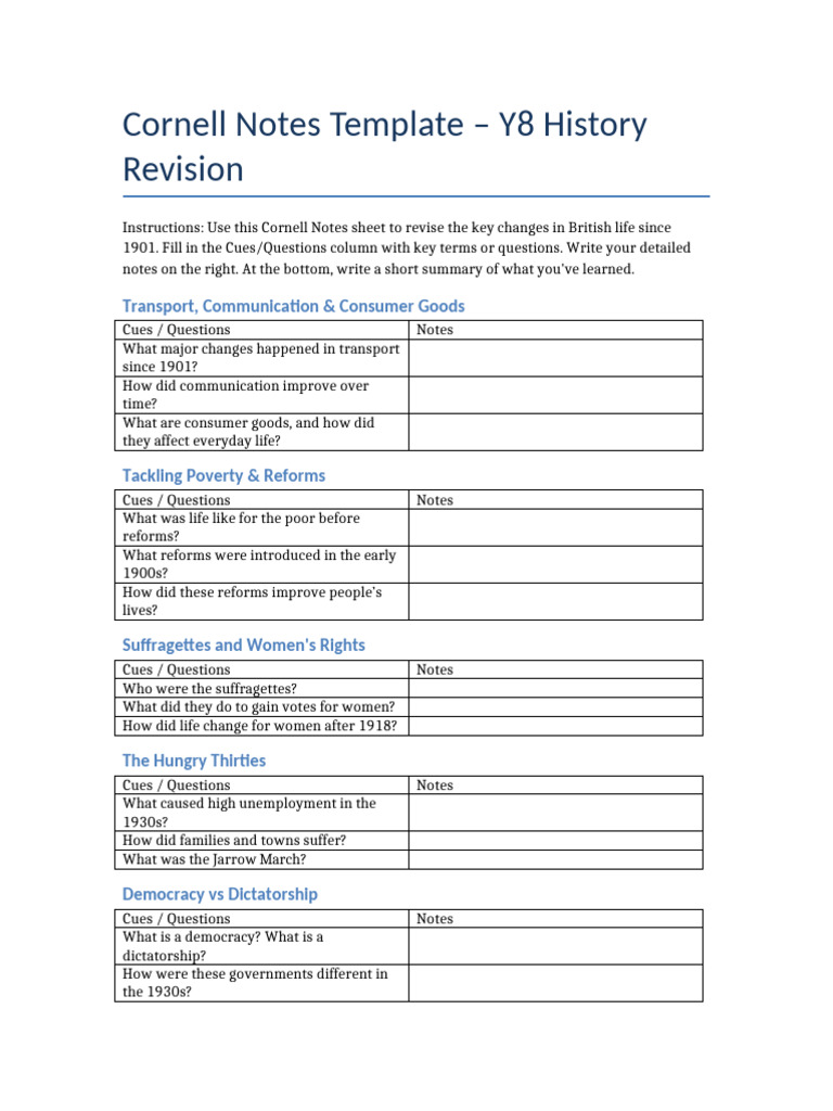 Cornell Notes for Y8 History Revision | PDF