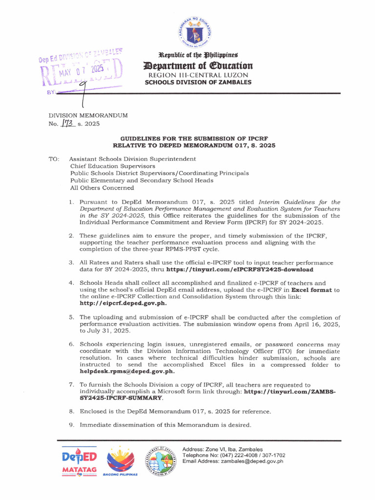 DM No. 173 S. 2025 Guidelines For The Submission of IPCRF Relative To DepEd Memorandum 017 S ...