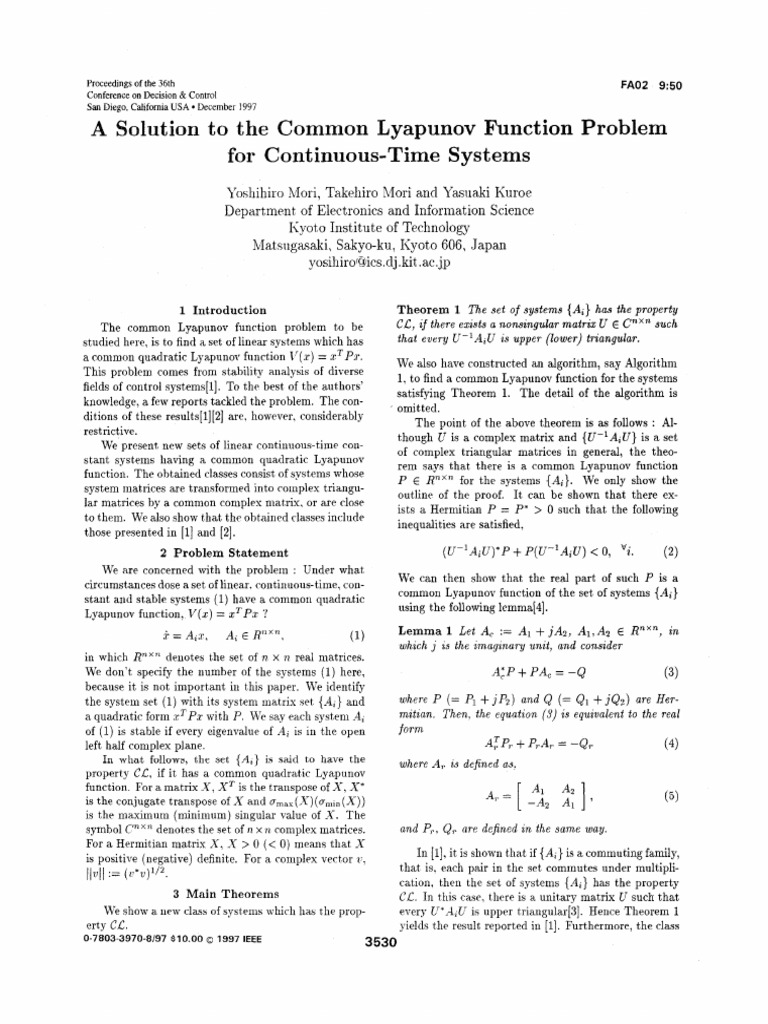 Y. Mori 1997 A Solution To The Common Lyapunov Function Problem For Continuous - Time Systems ...