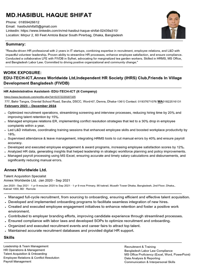 MD - Hasibul Haque Shifat - CV | PDF | Employee Retention | Recruitment