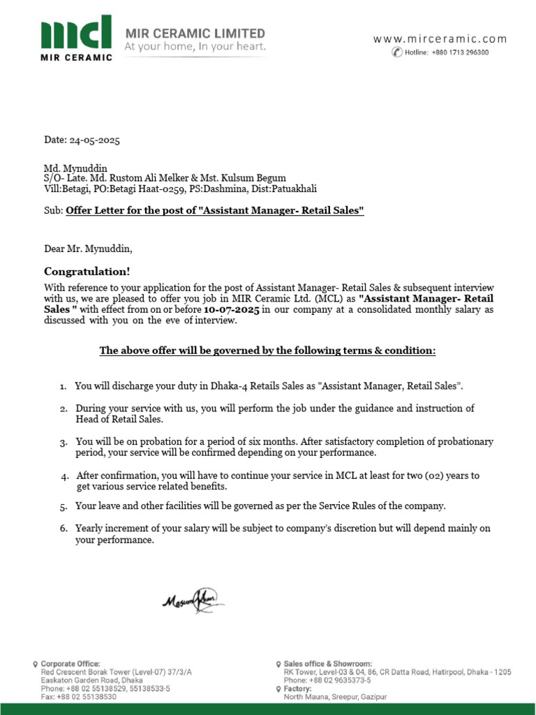 Offer Letter Mynuddin (ASM Dhaka) | PDF | Identity Document