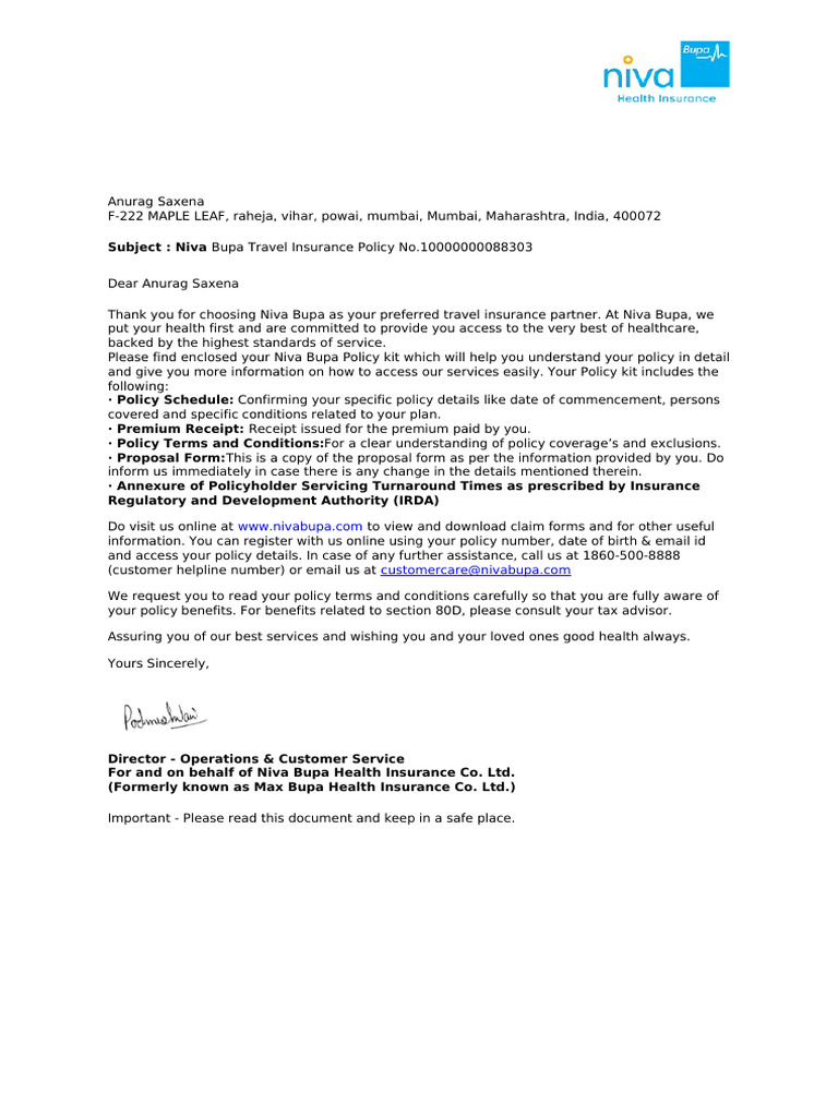 Niva Bupa Travel Insurance Policy Kit | PDF | Insurance | Hospital
