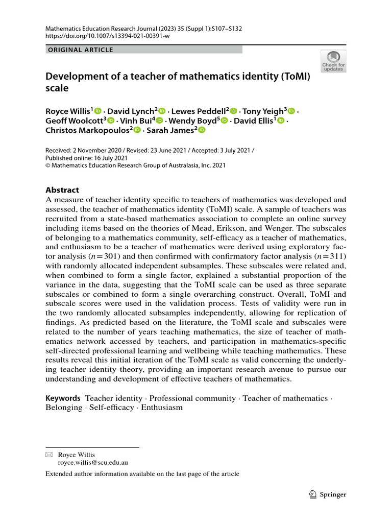 Development of A Teacher of Mathematics Identity (ToMI) Scale | PDF ...