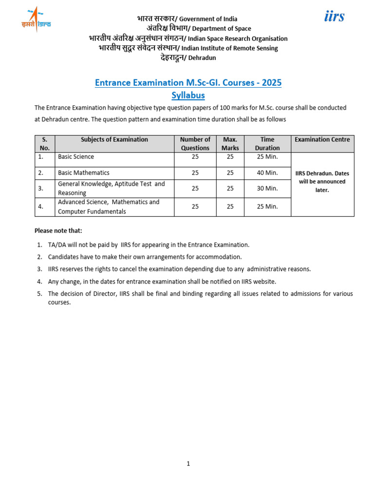 Syllabus - Entrance - Exam - Interview - 2025 - ISRO MSC Geo ...