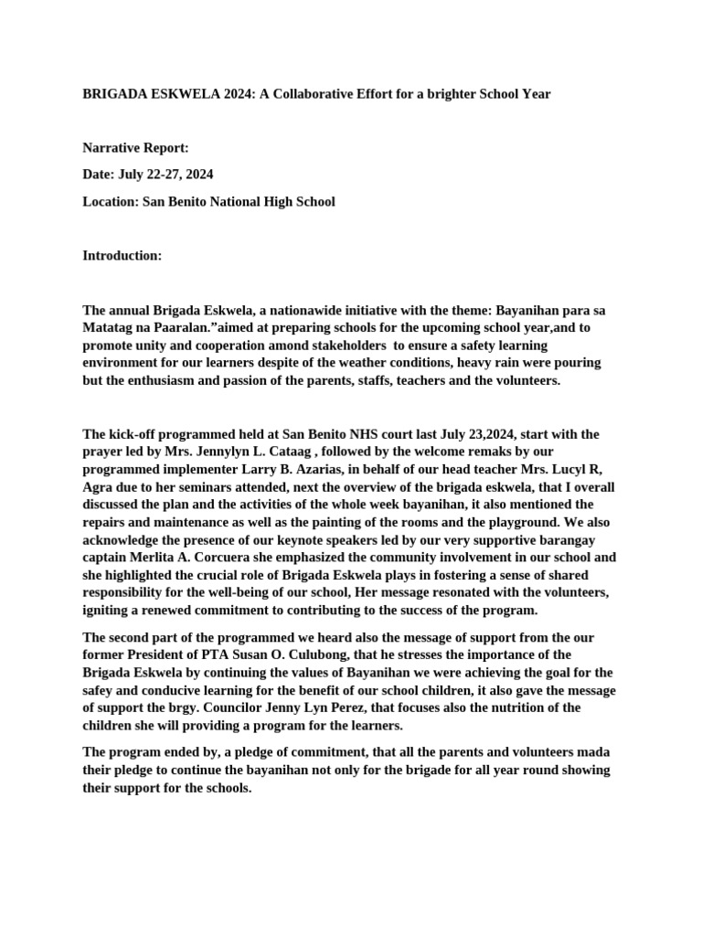 Brigada Eskwela 2024 Narrative Tess | PDF | Behavior Modification ...