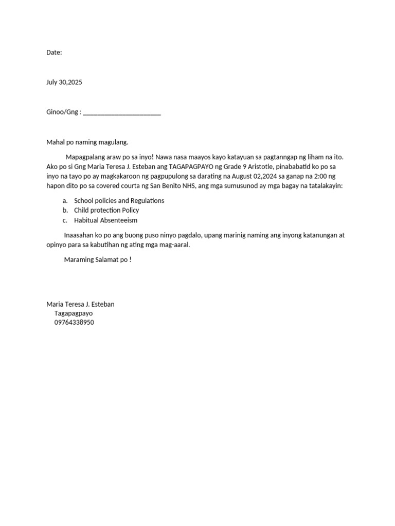 Invitation Letter To Parents | PDF