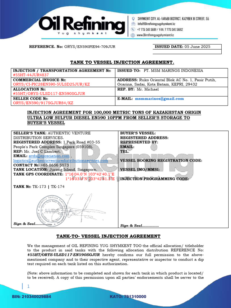 Tank-to-Vessel Injection Agreement | PDF