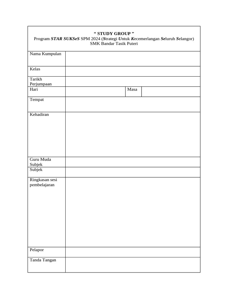 Borang Laporan Study Group STAR SUKSES 24 | PDF