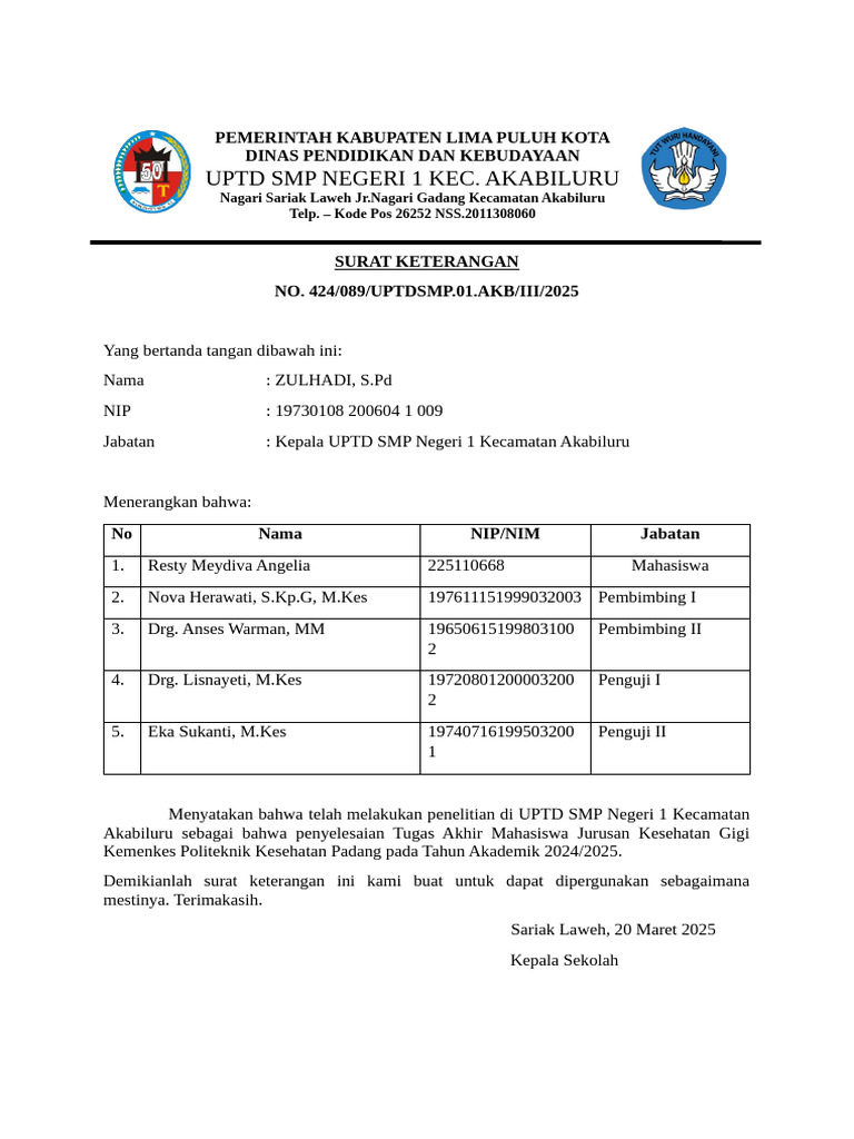 Surat Penelitian SMP 1 Akb | PDF
