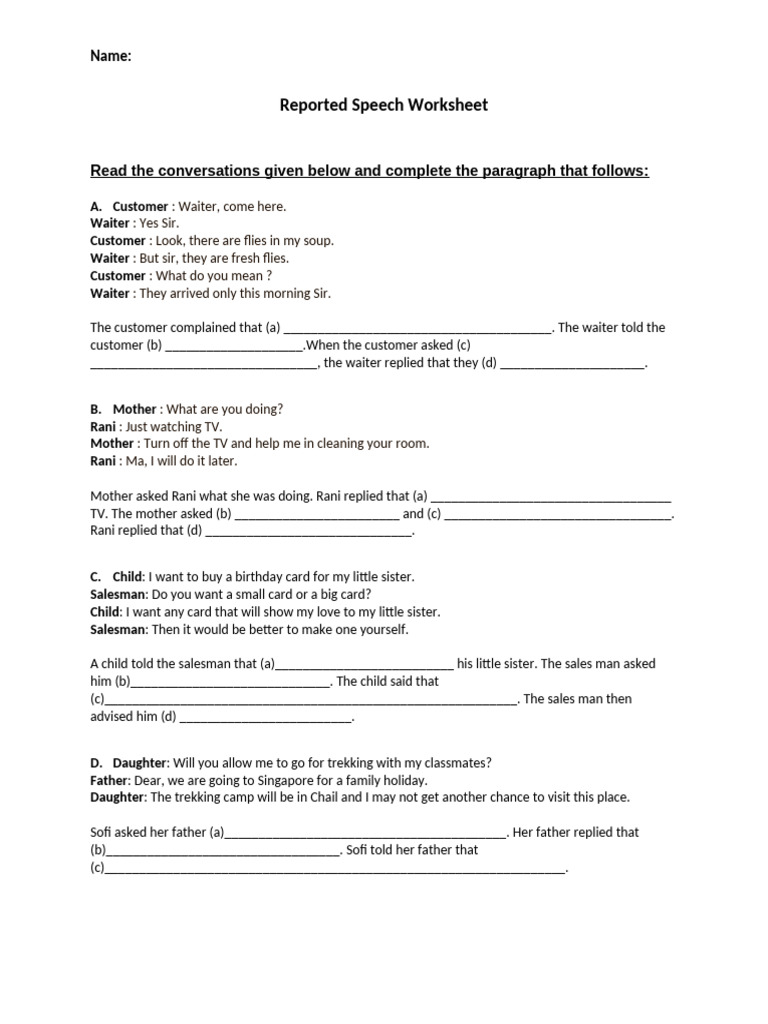 Reported Speech Worksheet + Answer Key | PDF