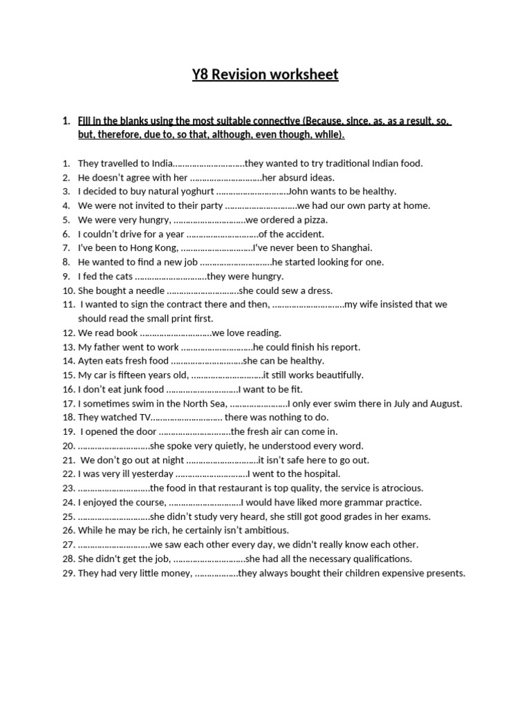 Y8 Revision Worksheet + Answer Key | PDF