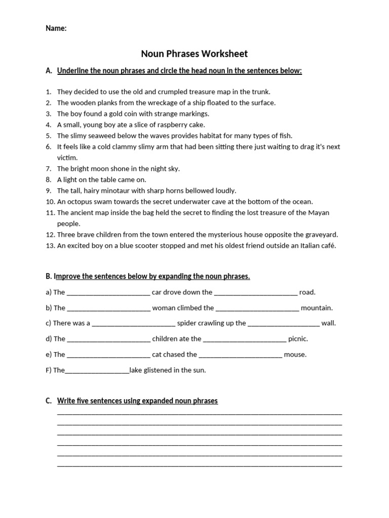 Noun Phrases Worksheet with Answers | PDF