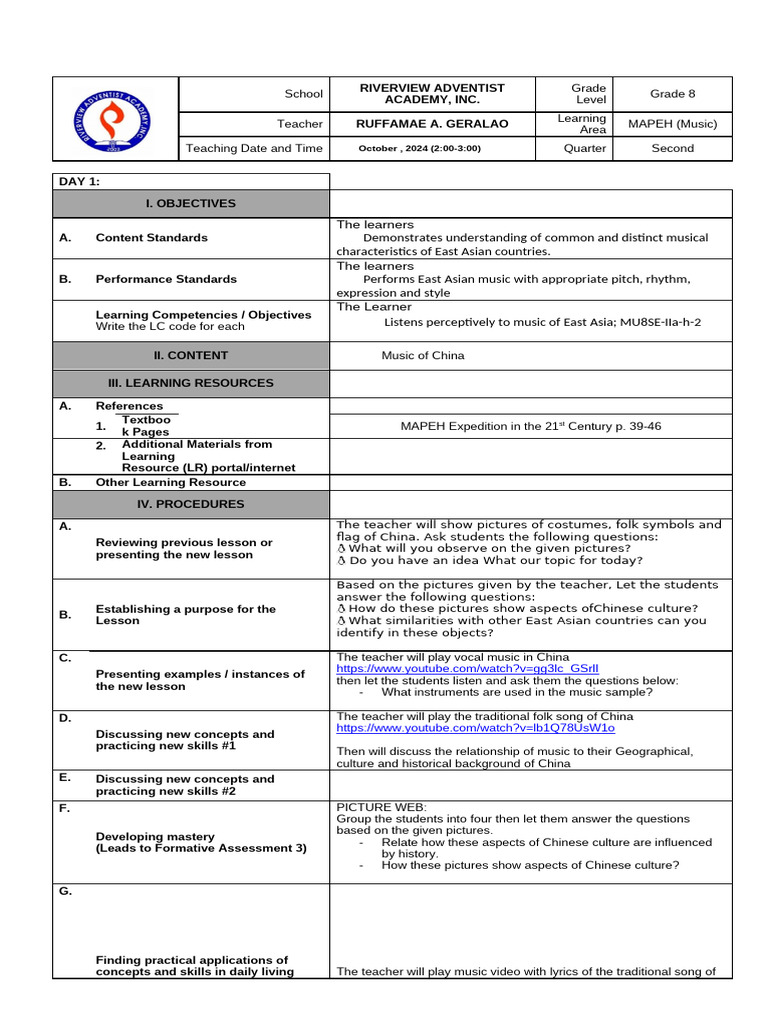 Q2 Lesson 1 Music of China | PDF | Teachers | Learning