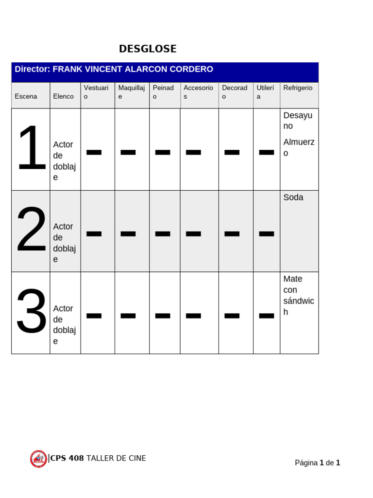 Cortometraje Desglose Zima | PDF