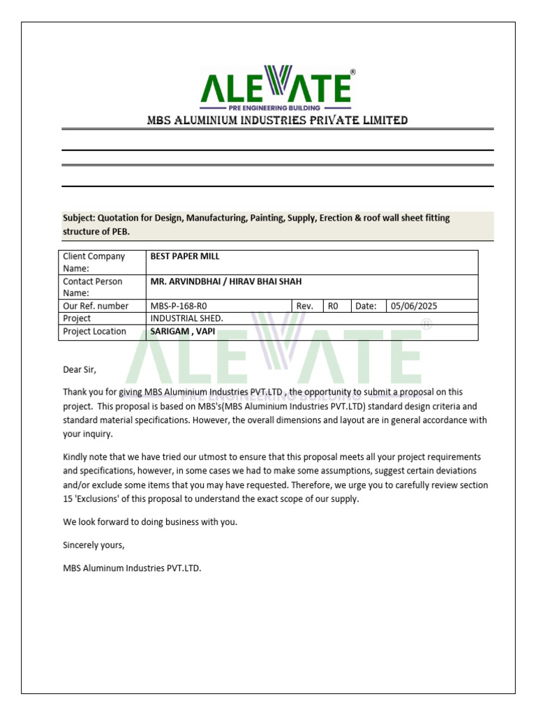 MBS Aluminium PEB Quotation for Best Paper Mill | PDF | Screw