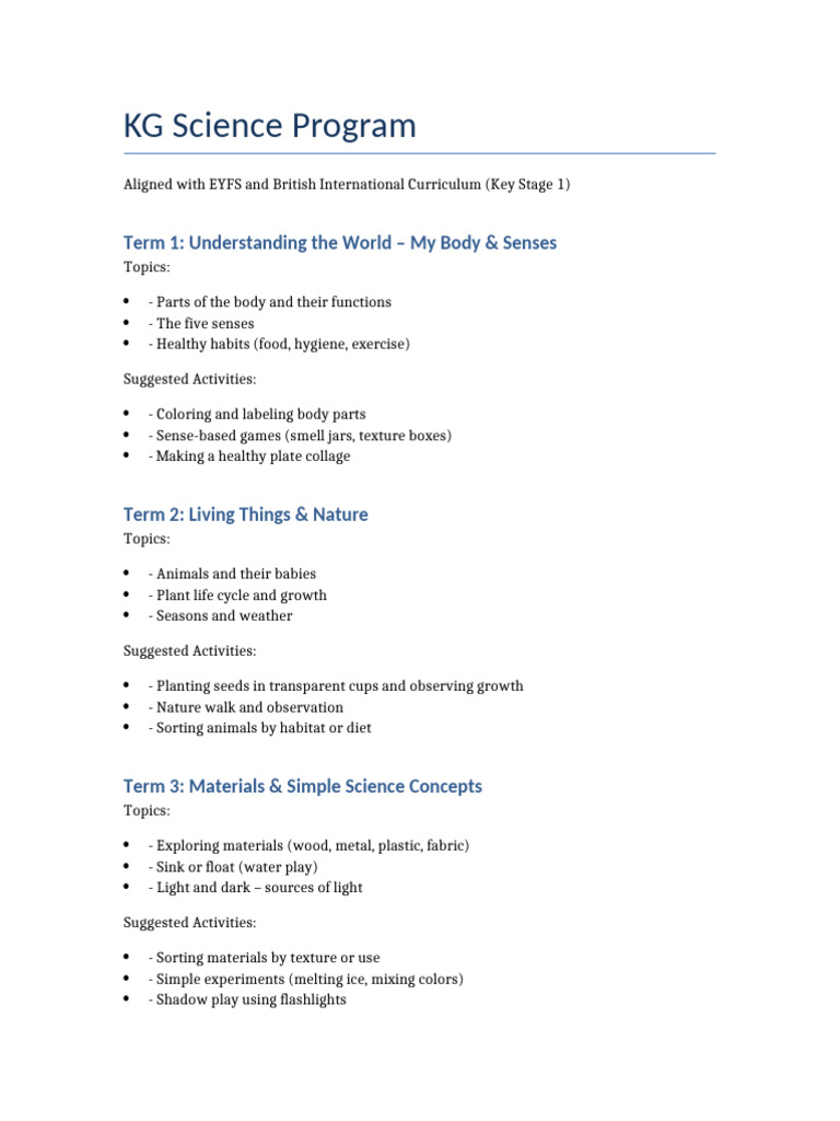 KG Science Program British Curriculum | PDF