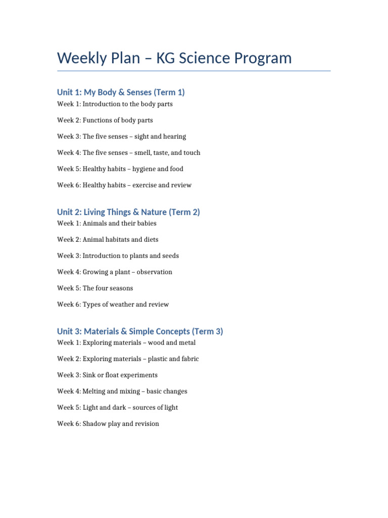 KG Science Weekly Plan | PDF