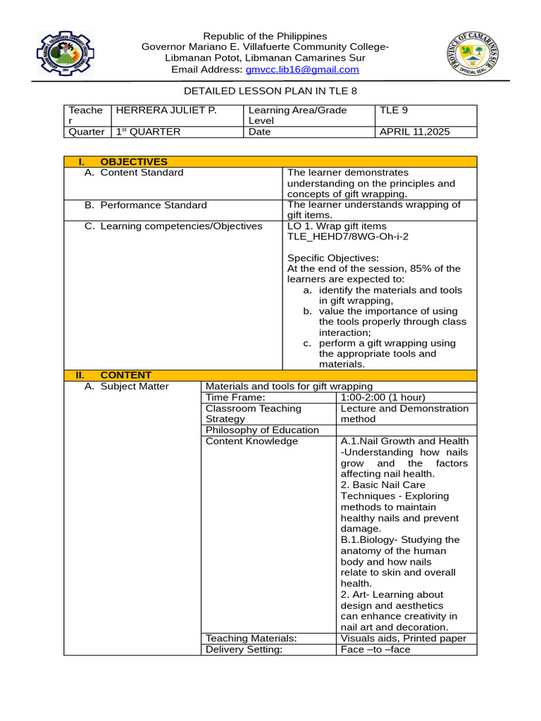 Detailed Lesson Plan(Sir Jerald) | PDF | Nail (Anatomy) | Learning