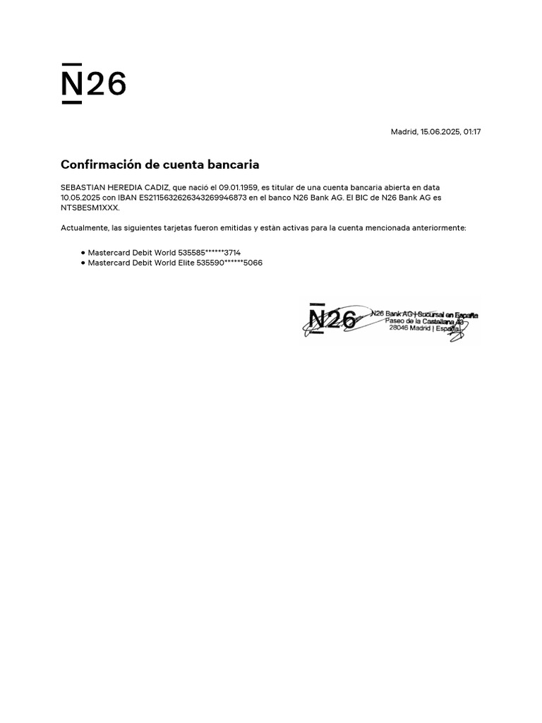 Confirmación de Cuenta Bancaria: N26 Bank AG, Sucursal en España | PDF