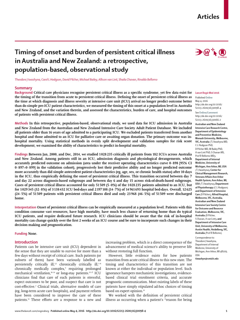 Timing Onset Persistent Critical Care Illness | PDF | Intensive Care ...