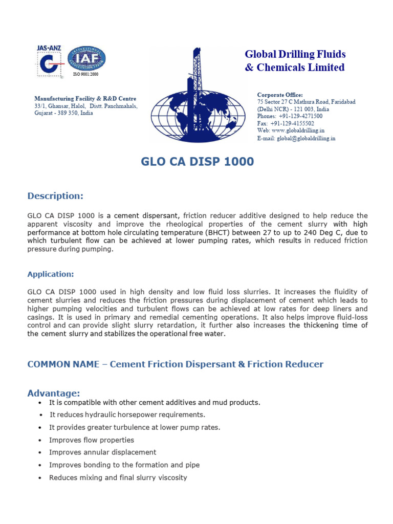 Glo Ca Disp 1000-Cement Dispersant | PDF | Viscosity | Friction