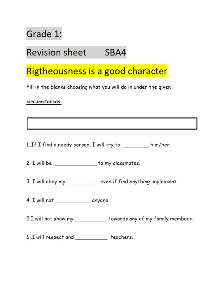 Grade 1 Revisionsheet Sba4 Without Answers | PDF