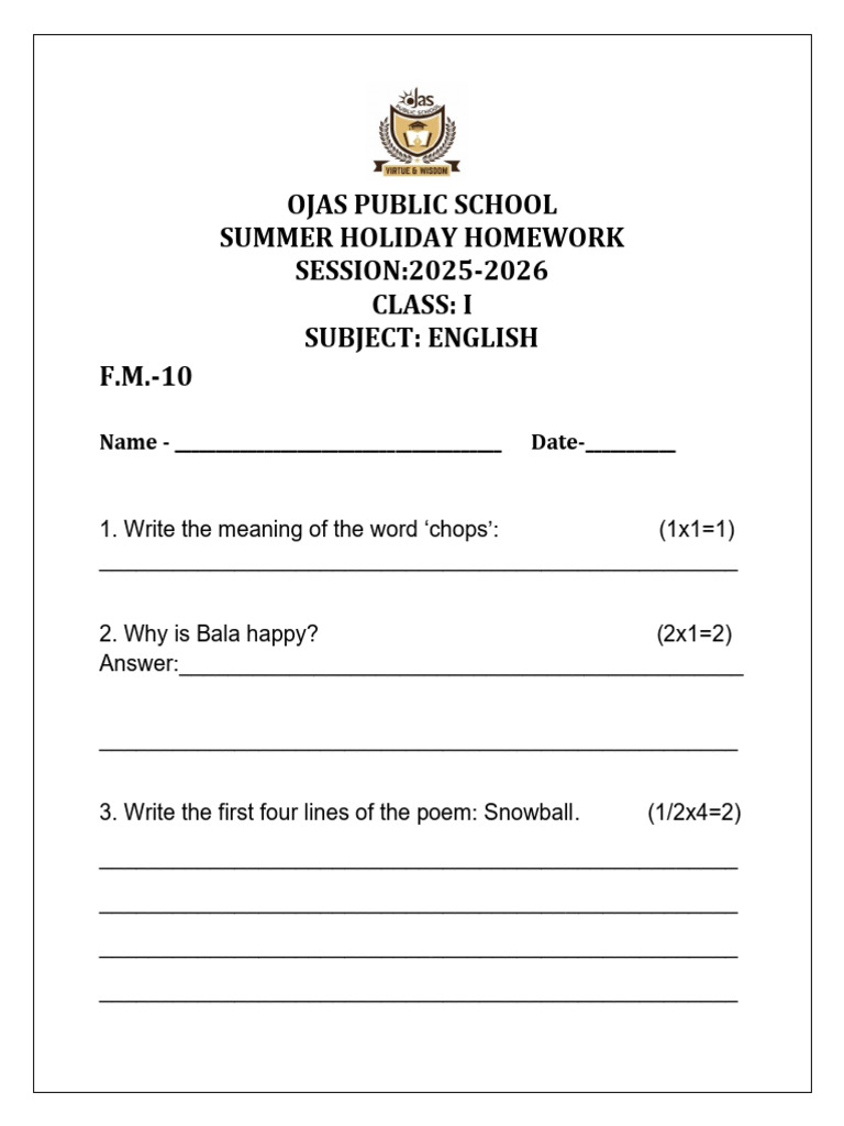 Class I English Holiday Homework | PDF