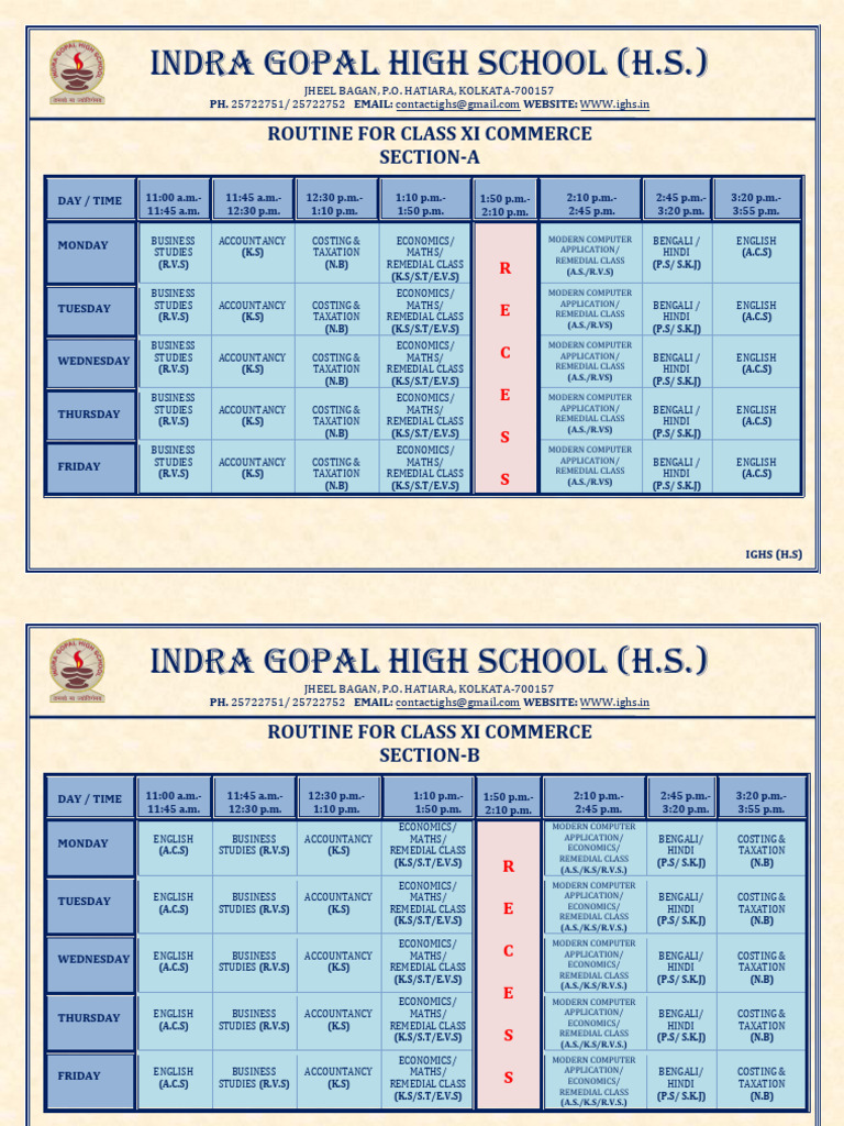 Class Routine For Class Xi Commerce (Section-A - B) 2025 | PDF