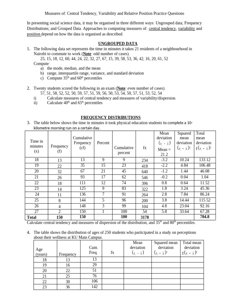 Central Tendency and Variation Practice Exercises | PDF | Mean | Statistical Dispersion
