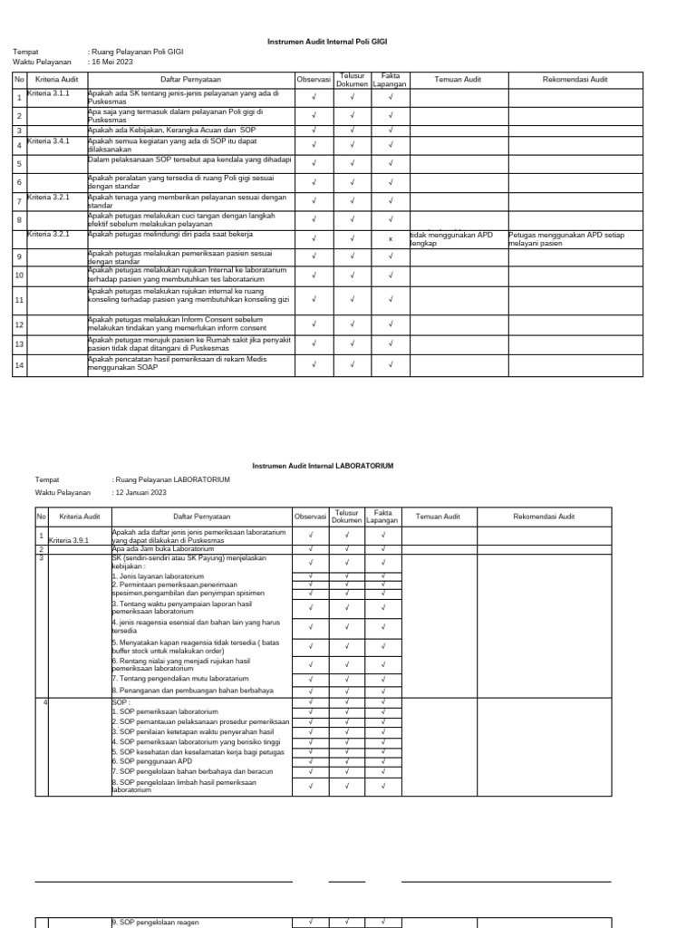 Audit Internal Poli Gigi dan Laboratorium | PDF