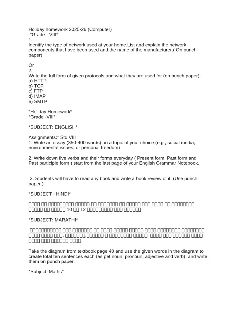 Holiday Homework Assignments 2025-26 | PDF