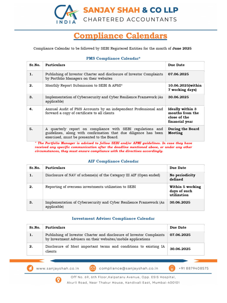 Compliance Calendar-June 2025 | PDF | Financial Adviser | Regulatory ...
