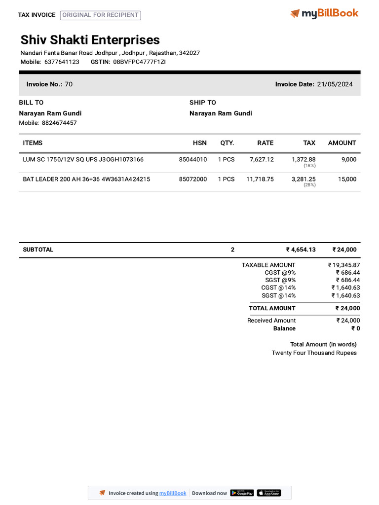 70-Sales Invoice-Narayan Ram Gundi | PDF