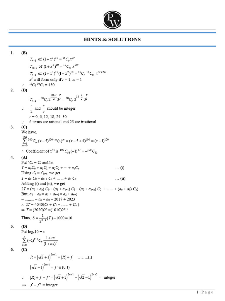 Binomial Theorem - Solutions | PDF | Mathematics