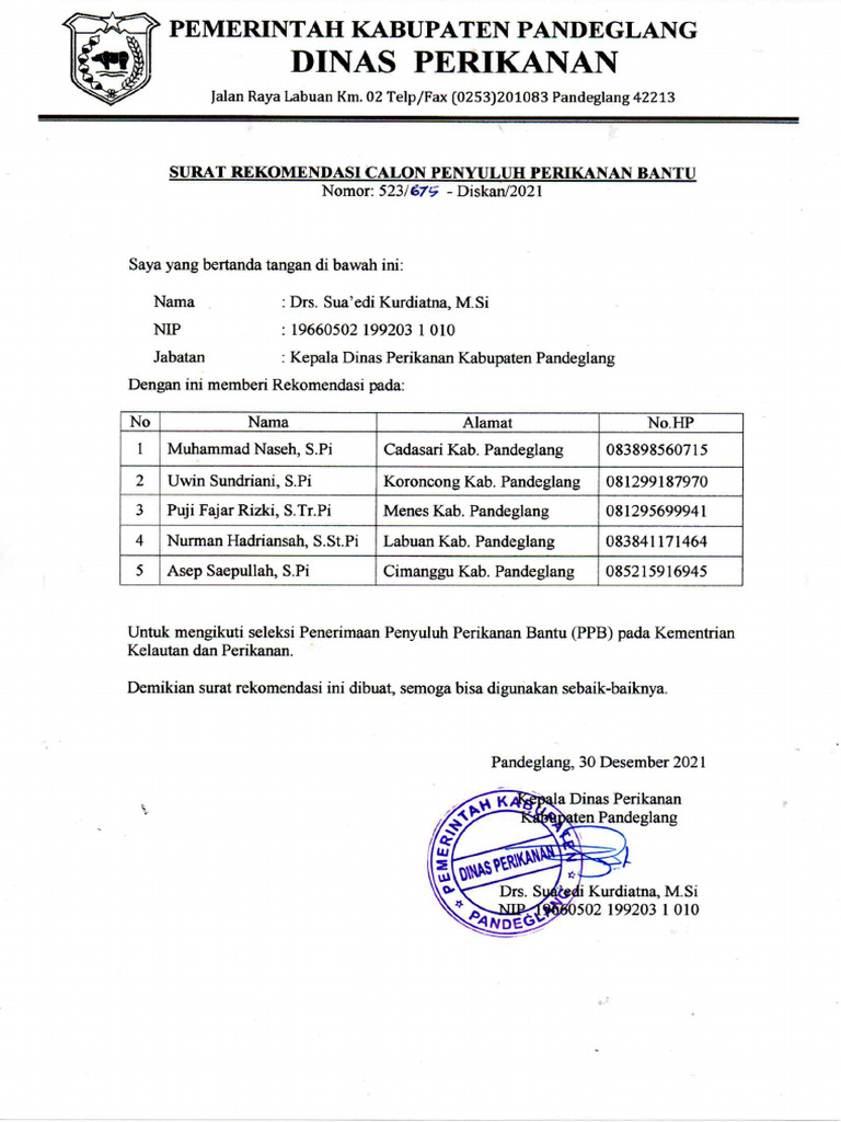 Surat Rekomendasi PPB Pandeglang | PDF