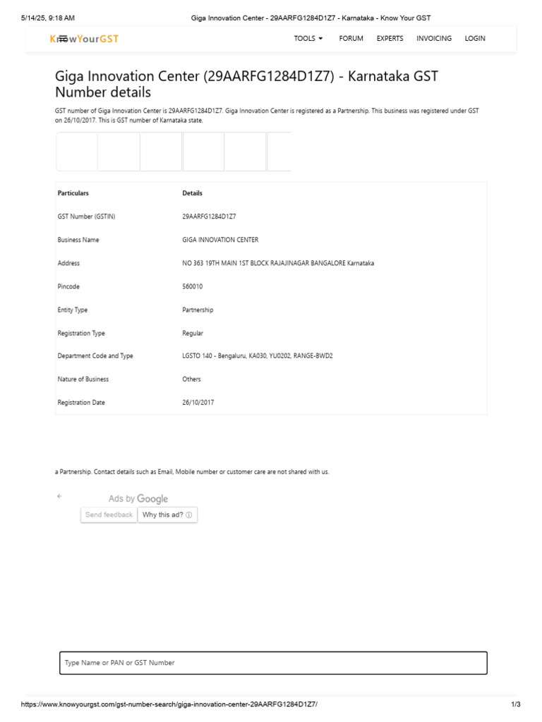 Giga Innovation Center - 29AARFG1284D1Z7 - Karnataka - Know Your GST | PDF