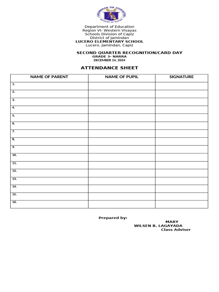 Grade 3 Recognition Day Attendance Sheet | PDF