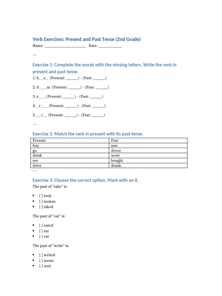 Verb Exercises 2nd Grade | PDF