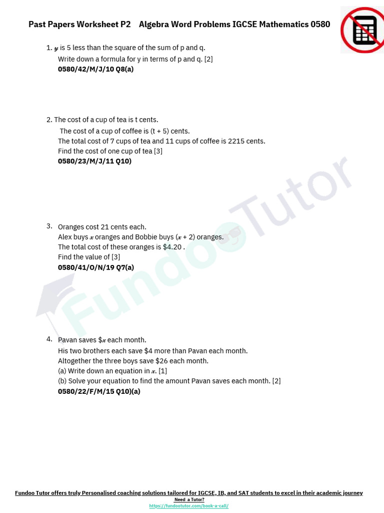 IGCSE Math 0580 Algebra Word Problems Past Paper Worksheet P2 | PDF | Algebra | Mathematics