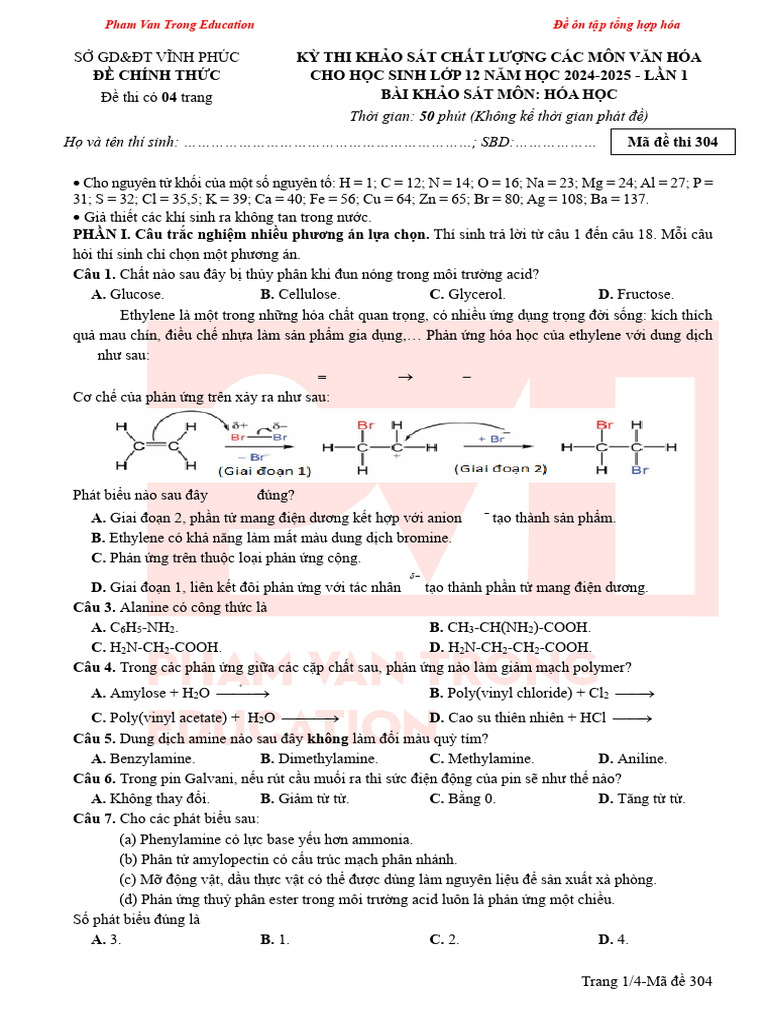 ĐỀ THI THỬ MÔN HÓA SỞ VĨNH PHÚC 2025-LẦN 1-MÃ 304 | PDF