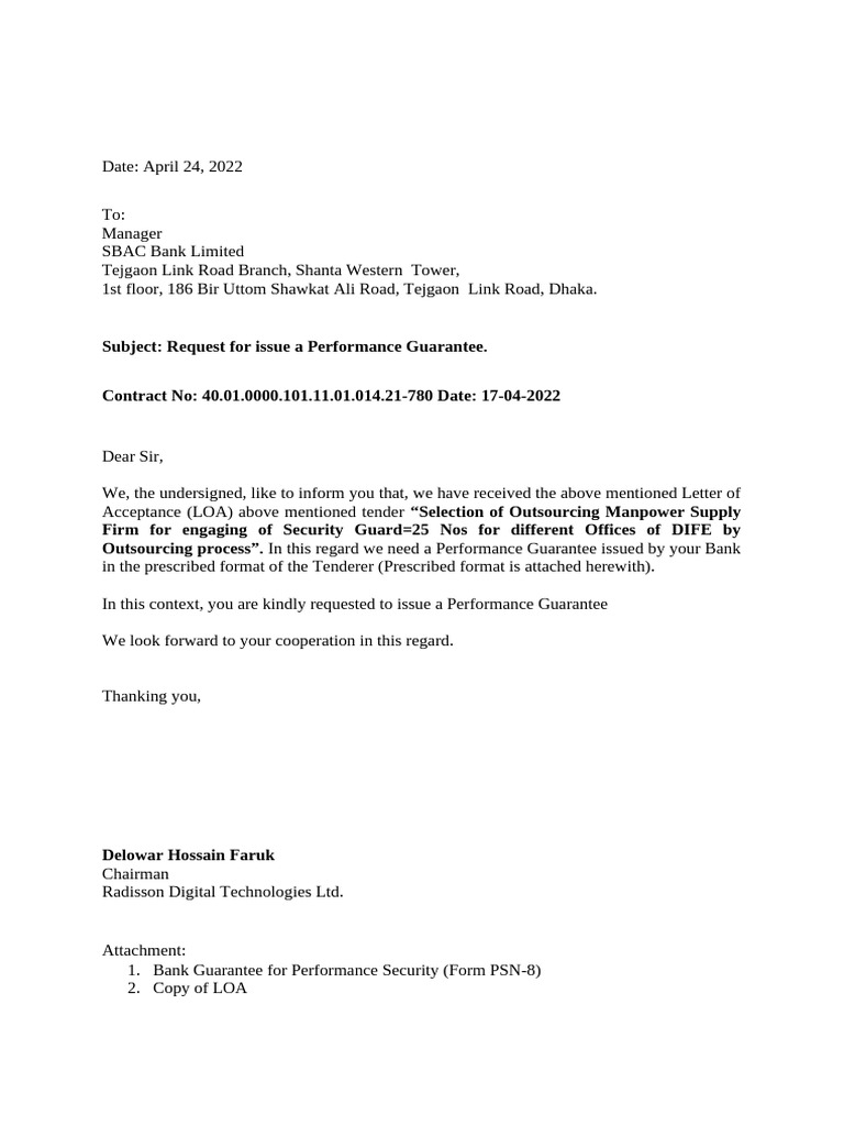 Performance Guarantee Request Letter | PDF