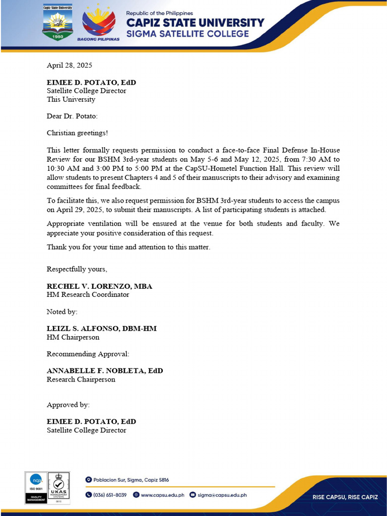 BSHM Final Defense Review Schedule 2025 | PDF