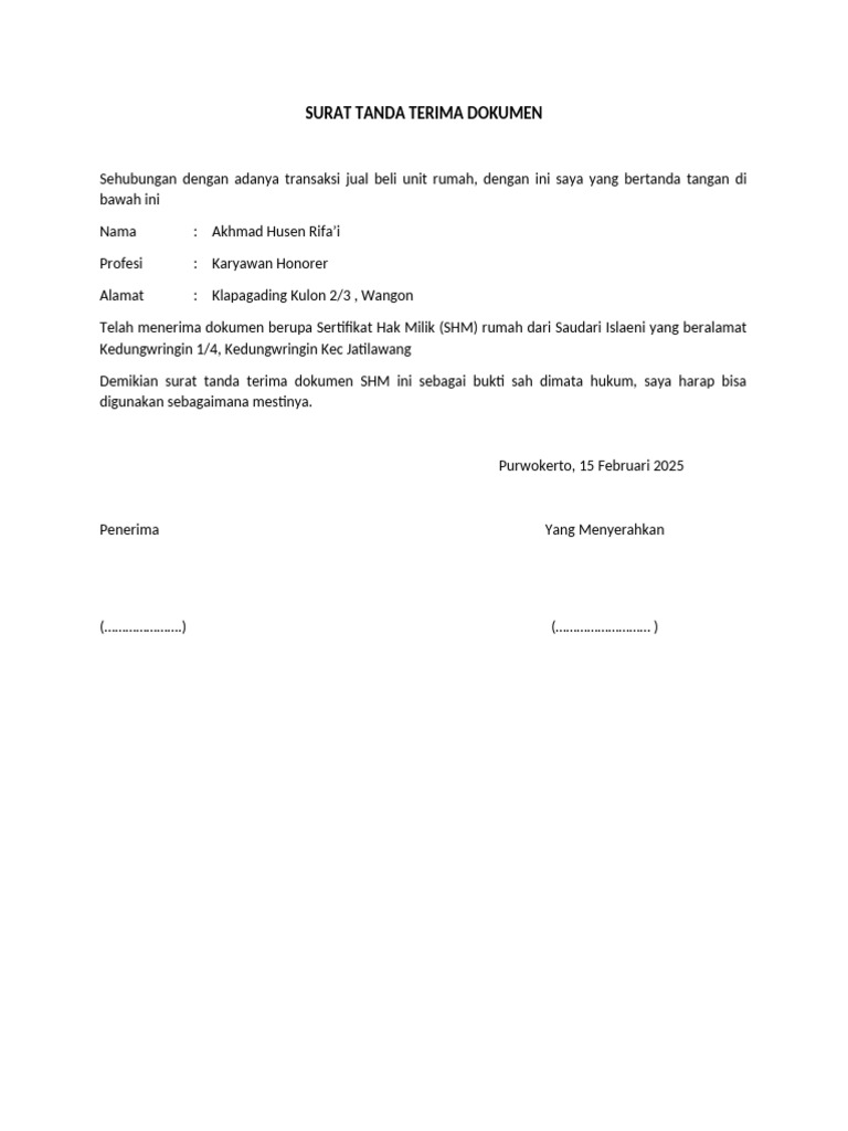 Surat Tanda Terima Dokumen SHM | PDF