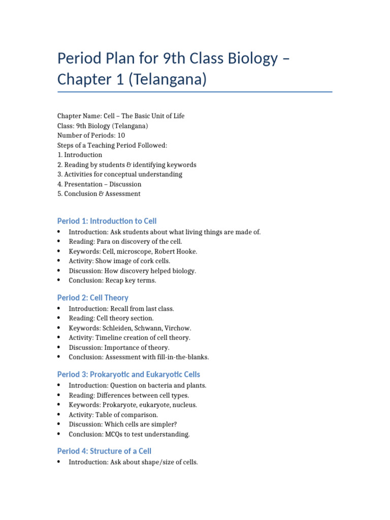9th Class Biology: Cell Unit Plan | PDF | Cell (Biology) | Organelle