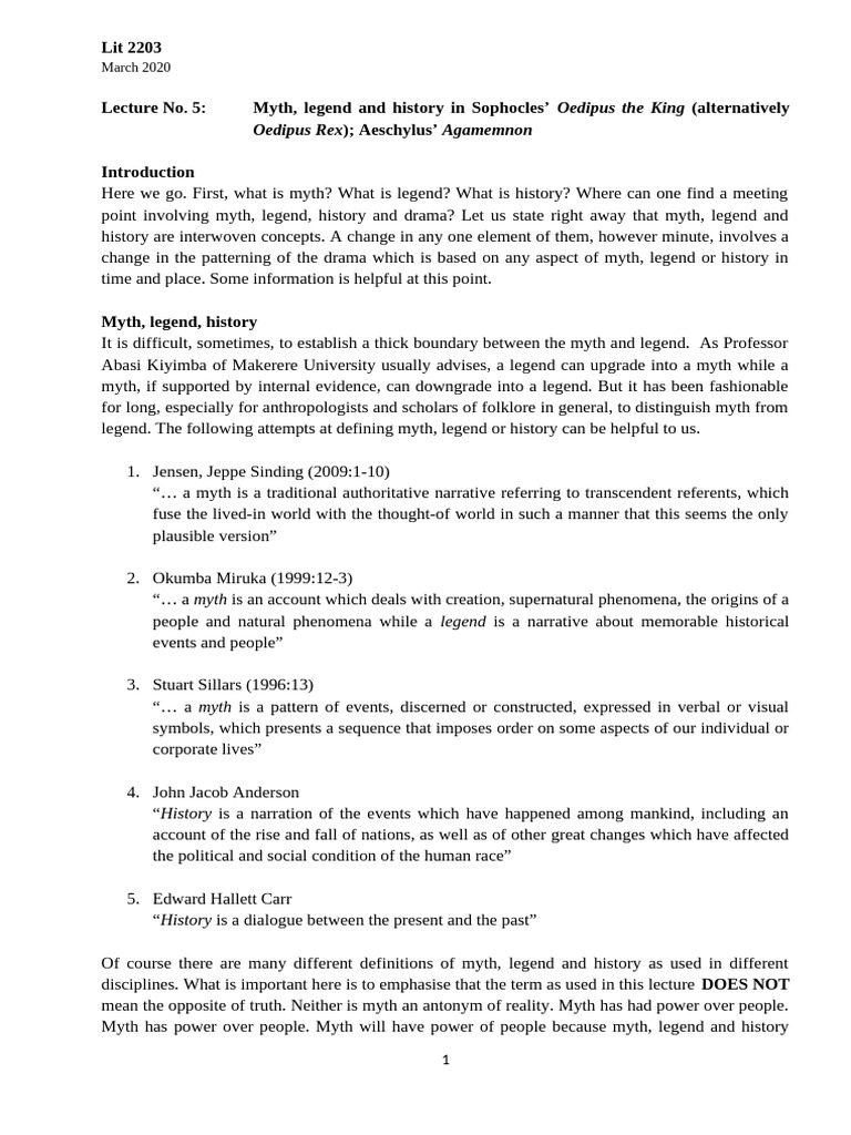 Lecture No. 5 Myth Legend and History in Sophocles Oedipus The King ...