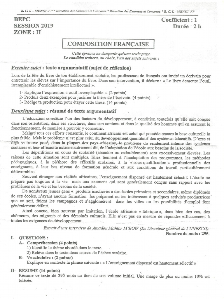 RCI BEPC 2019 Compo Francaise Zone 2 | PDF